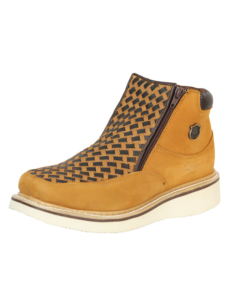 Sefeni Men's Double Zipper Shoe Crazy Leather Honey