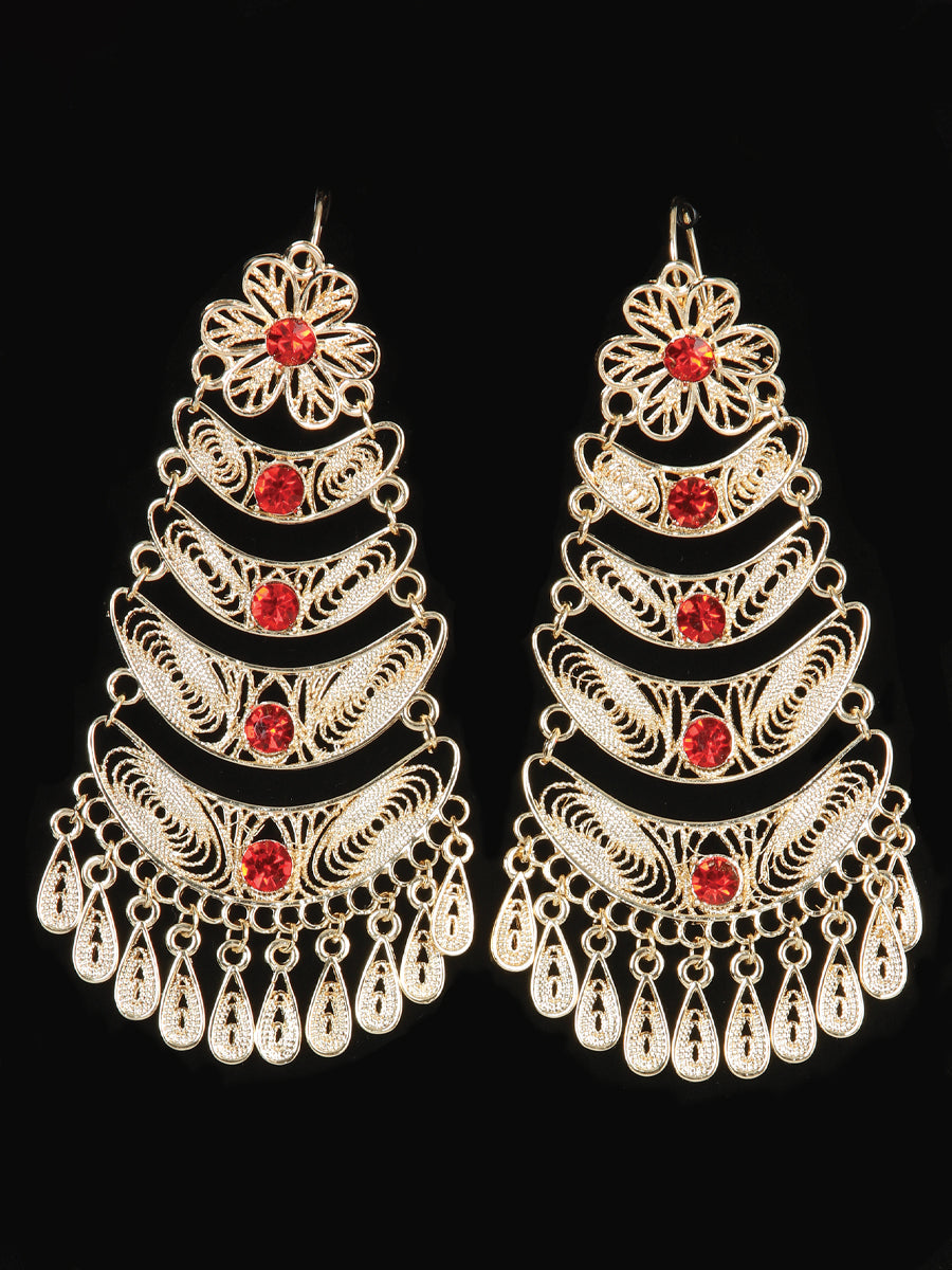 Mexican Artisanal Earrings Filigrana Gold with Red Details